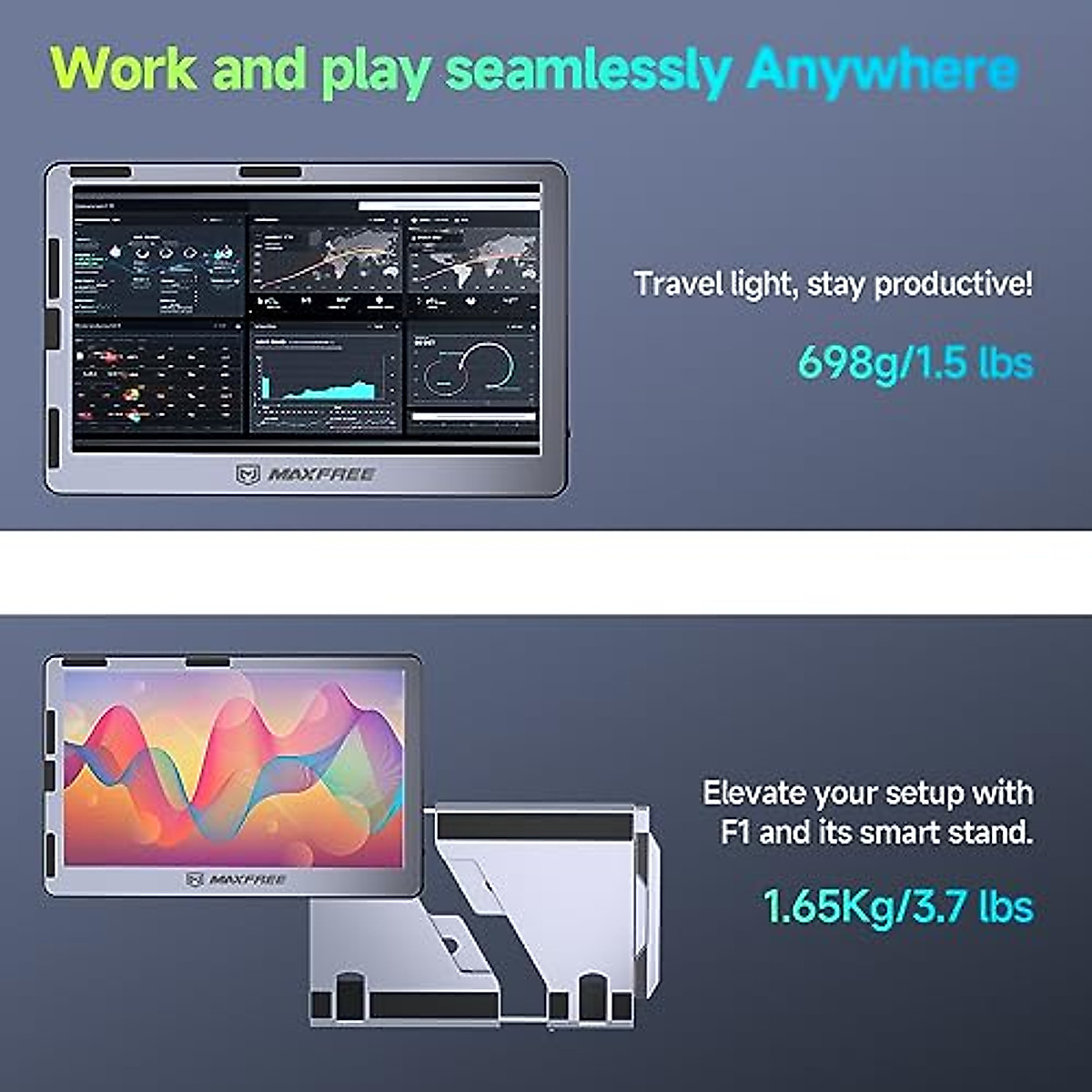 Maxfree F1 Laptop Screen Extender - 14'' Portable Monitor for Laptop with 360° Rotation Stand - Full Type-C & Mini-HD Plug & Play - Compatible with Windows, Mac, Surface, Switch - for 12-17'' Laptops
