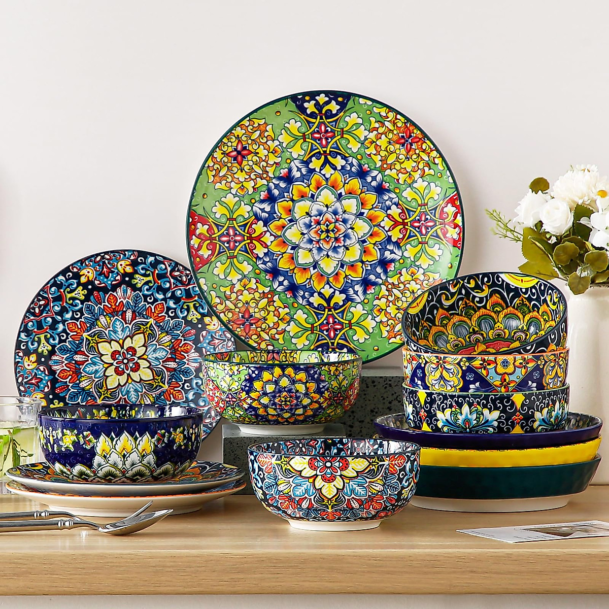 vancasso Cereal Bowls Set of 6, Bohemian Ceramic Soup Bowls, 28 oz Colorful Bowls Set for Kitchen, Dishwasher & Microwave Safe for Salad, Pasta, Rice, Oatmeal, Fruit