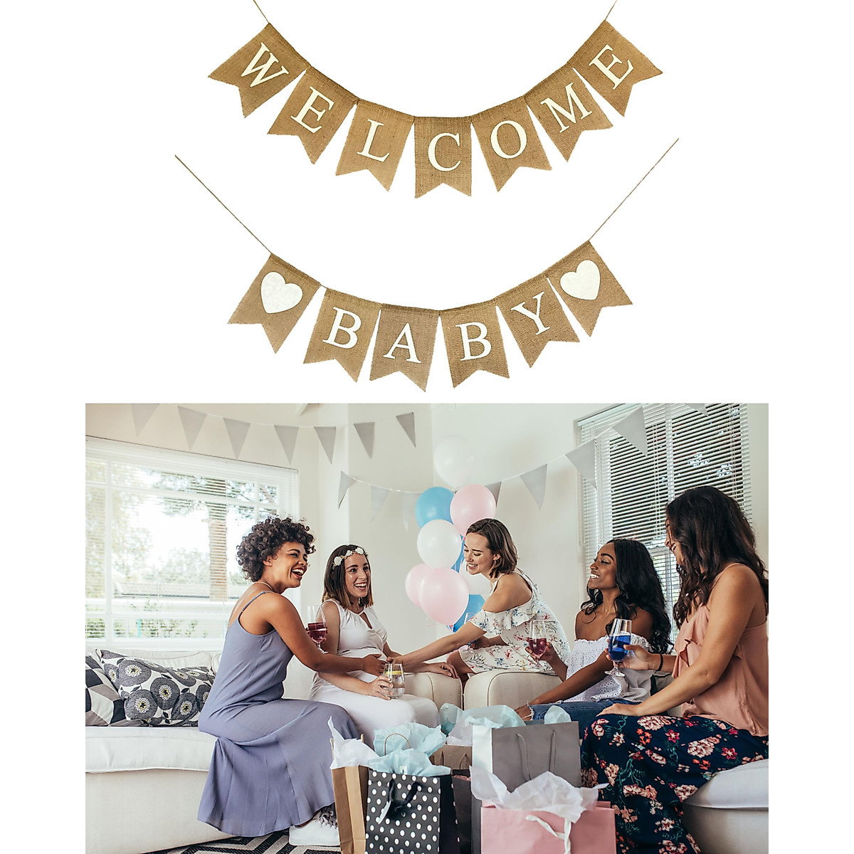 Shimmer Anna Shine Welcome Baby Burlap Banner for Baby Shower Decorations and Gender Reveal Party