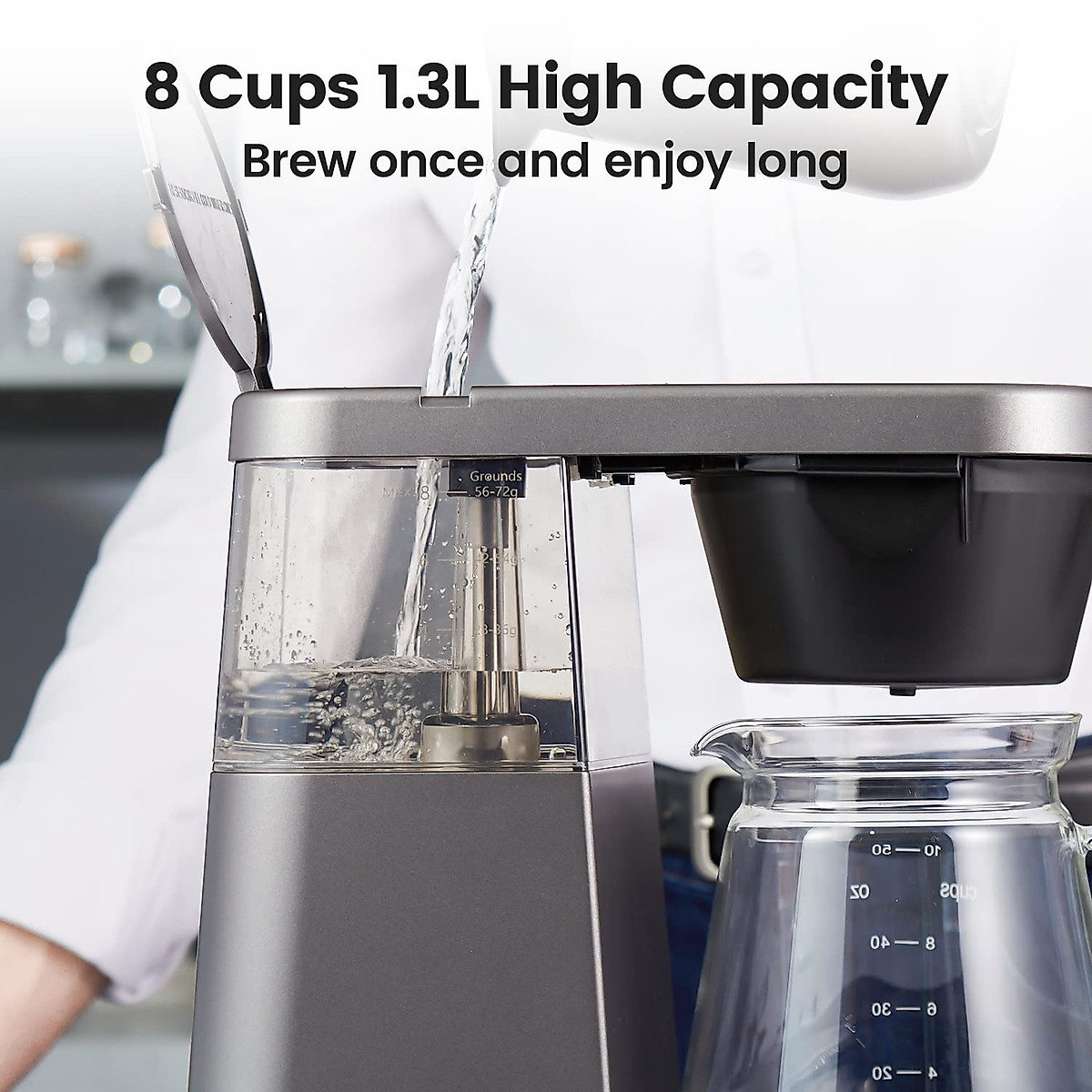 KOOFFEE Coffee Maker, One-button Brew, Essense-G 8 Cups 1.3L Coffee Machine, 1500 Watt, Optional Pre-infusion Bloom Mode, Drip Coffee Maker with Borosilicate Glass Carafe