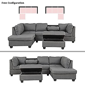 Verfur Fabric Upholstery Convertible Sectional Sofa with Reversible Chaise, L Shaped Couch with Storage Ottoman and 2 Cup Holders Corner, Gray Linen