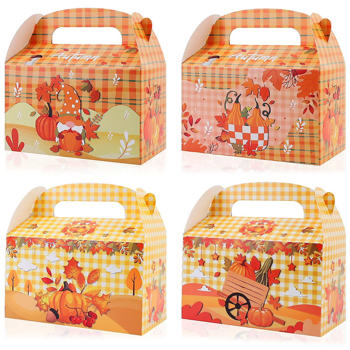 HOWAF 12pcs Fall Party Treat Boxes, Hello Autumn Plaid Gift Boxes with Maple Leaves Pumpkin Gnome Design for Fall Harvest Party Supplies, Autumn Party Candy Boxes, Hello Fall Goodie Boxes