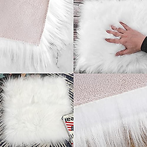 Molain 25 cm Small Rugs Fluffy Faux Fur Chair Pad Cover Rug Fuzzy Cushion Photography Props Background Nail Mat Carpet Christmas Party Decorative Home Living Room Sofa Bedroom Floor (White Square)