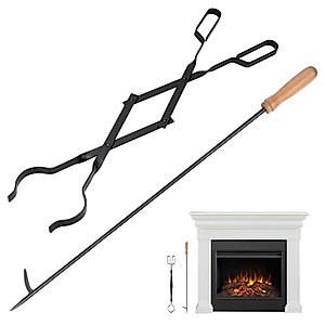 Fireplace Tools Fire Pit Accessories - 25" Fireplace Tongs and 32" Poker Set - Stove Accessories Fire Tongs Solid Poker Stick Tools - Log Grabber Heavy Duty Rust Resistant for Indoor and Outdoor use