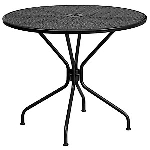 Flash Furniture Commercial Grade 35.25" Round Black Indoor-Outdoor Steel Patio Table Set with 2 Square Back Chairs