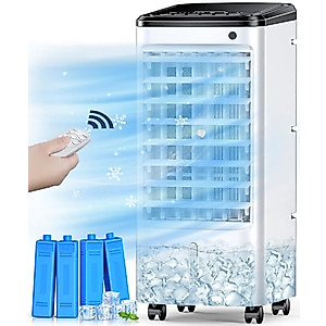 3-IN-1 TEMEIKE Swamp Cooler Air Conditioner, Evaporative Air Cooler w/ 4 Modes & 3 Speeds, 12H Timer & Remote & Dual Water Tank, 65° Oscillating Air Conditioner Portable for Room Bedroom Home Indoor