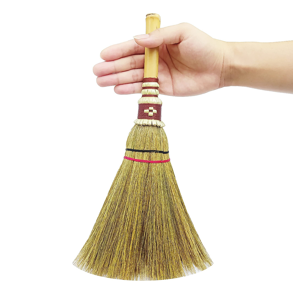 Handmade,Natural Grass Asian, Whisk Broom Thai, Handle Bamboo, Soft Brush Mini with Solid Wood Handle Retro Nature No Static Electricity Sweeping 13in