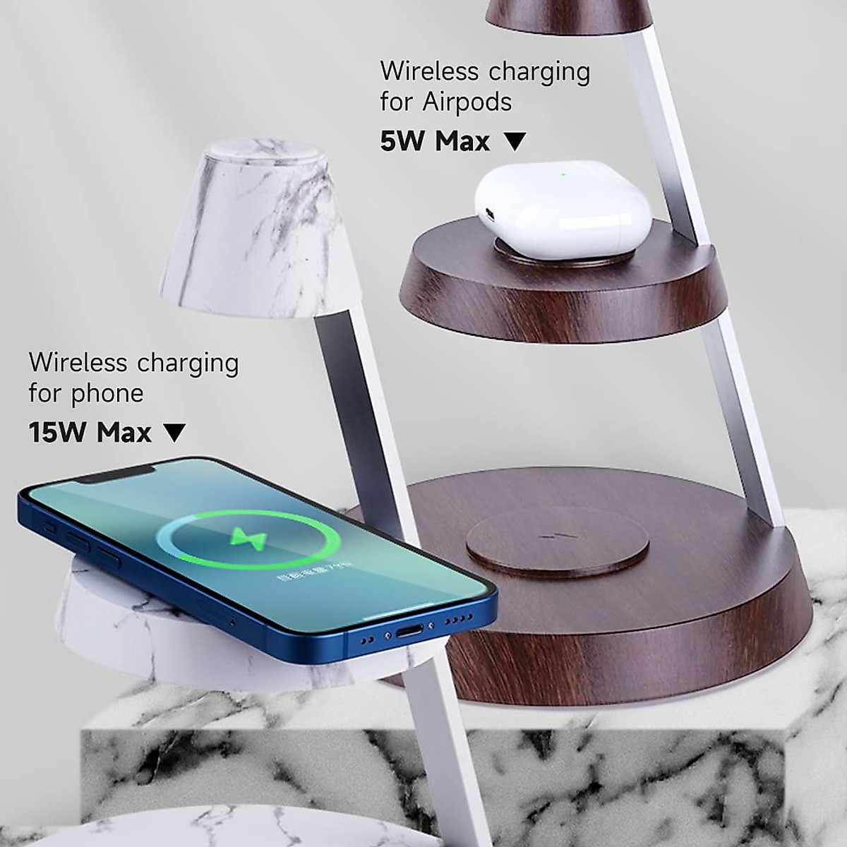 Bedside Lamp with Wireless Charging Station, Touch Control Desk Lamp, Stepless Dimming, 15W Wireless Charger Station for iPhone/Air Pods/Apple Watch, Ideal Gift for Home or Office (Wood Grain)