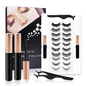 Magnetic Eyelashes Kit with Eyeliner, Magnetic Lashes Natural Looking 10 Pairs , 2 Pcs Magnetic Eyeliner, Reusable 3D False Eyelashes Lashes Pack, With lash tweezers，No Glue! Eyelashes Magnetic