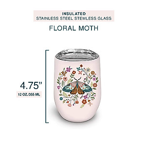 Studio Oh! Insulated Stainless Steel Stemless Glass Tumbler Floral Moth - 12-Ounce Double-Wall Construction with Full-Color Artwork & Spill-Resistant Drink-Through Lid