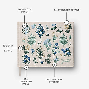 RIFLE PAPER CO. Wildwood Embroidered Fabric Guest Book | Hard Cover Wrapped in Book Cloth & Grosgrain Ribbon Bookmark, (Lay-Flat Binding, 144 Ruled Pages with Metallic Gold Ink, 8" L x 5.75" W)