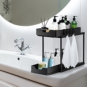 2-Tier Under Sink Organizer Storage, Double Sliding Under Cabinet Basket Organizer with 2 Pull Out Drawers & 4 Hooks, Multi-Purpose Under Shelf Organizer for Bathroom Kitchen (2 Pack)