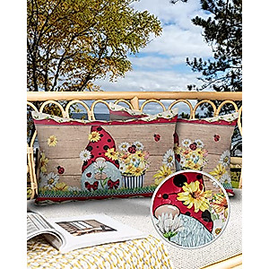 Lumbar Pillow Covers 12 x 20 Inches, Ladybug Gnome Waterproof Pillow Protector Set of 2 Throw Pillowcases Cover, Summer Spring Flroal Wood Board Rectangle Cushion Covers for Patio/Tent/Couch/Garden
