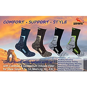 Men's Breathable Hiking Work Boot Socks w/Anti-Stress Moisture Wicking Germanium & Coolmax Fiber Lite-Compression 1/2 pr (X-Large, Brown)