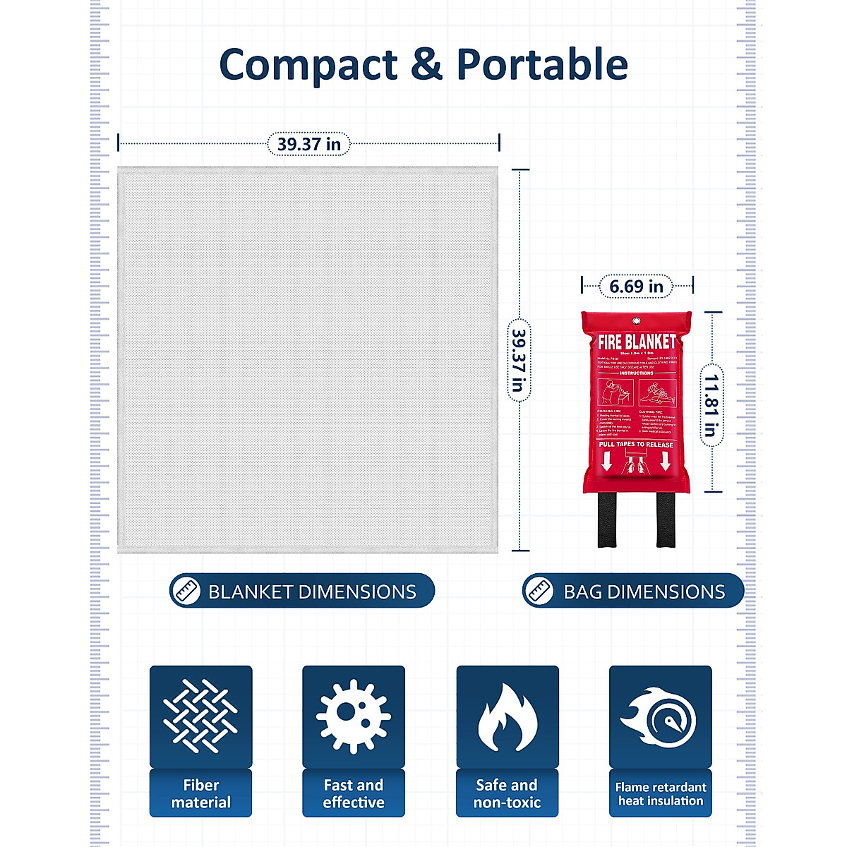 Ecoey Fire Blanket, Fiberglass Fire Blanket for Home & Kitchen, Emergency Blankets for Survival, Fire Blankets for People, Flame Retardant Fabric, Fireproof Blanket, Fire Safety, FJ109-B, 2 Packs