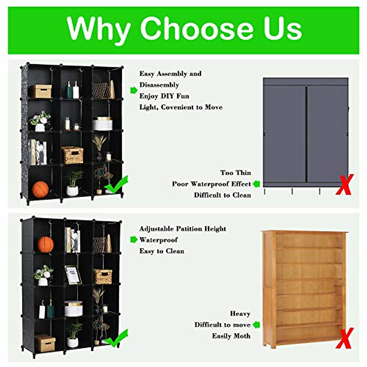 VINGLI Portable Closet Wardrobe, 12 Cube Storage Organizer, Bookcases Plastic Storage Closet, Shelf Unit, DIY Cube Shelves for Bedroom Living Room Office