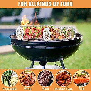 Rolling Grill CART, Stainless Steel BBQ Rolling Grill Basket Round Barbecue Net Tube for Outdoor Camping Picnic, Non-Stick Grill Net Wire Mesh Cylinder for Fish, Vegetables and Meat