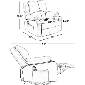 KCREAM Swivel Recliner Chairs with Massage and Heat,Leather Recliner Chairs Sofa Rocker Chair with Side Pocket Manual Reclining Chair Rocking Recliner with Drink Holders for Living Room,Grey