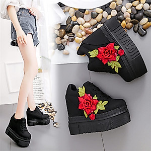 Women's Platform Embroidered Increased Sneakers Comfort Hidden High Heels Leather Wedges Tennis Fashion Breathable Jogging Walking Dress Sneakers Orthotic Low-top Bride Wedding Shoes (Color : Black,