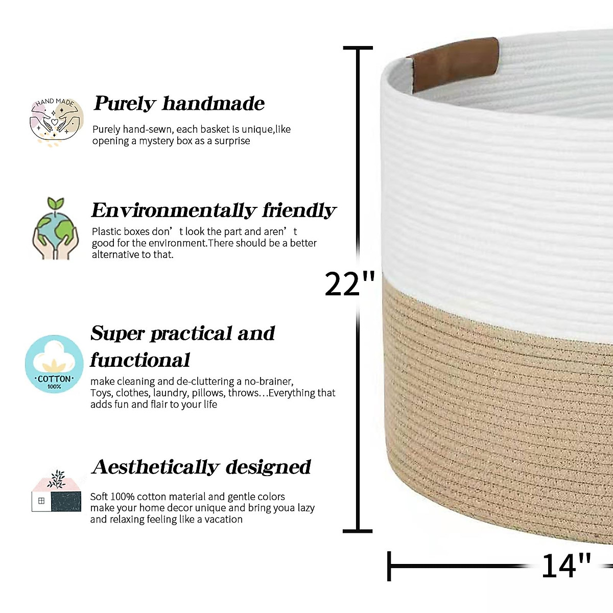 R RUNKA Extra Large Basket 22" x 14", Soft Woven Storage Basket with Leather Handles,Big Basket and Organizer for Laundry, Toys, Books and Baby Blankets