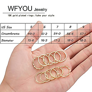 WFYOU 10 Pcs 1-2mm 18K Gold Plated Simple Rings for Women Band Knuckle Stacking Midi Rings Elegant Classic Minimalist Rings Comfort Fit