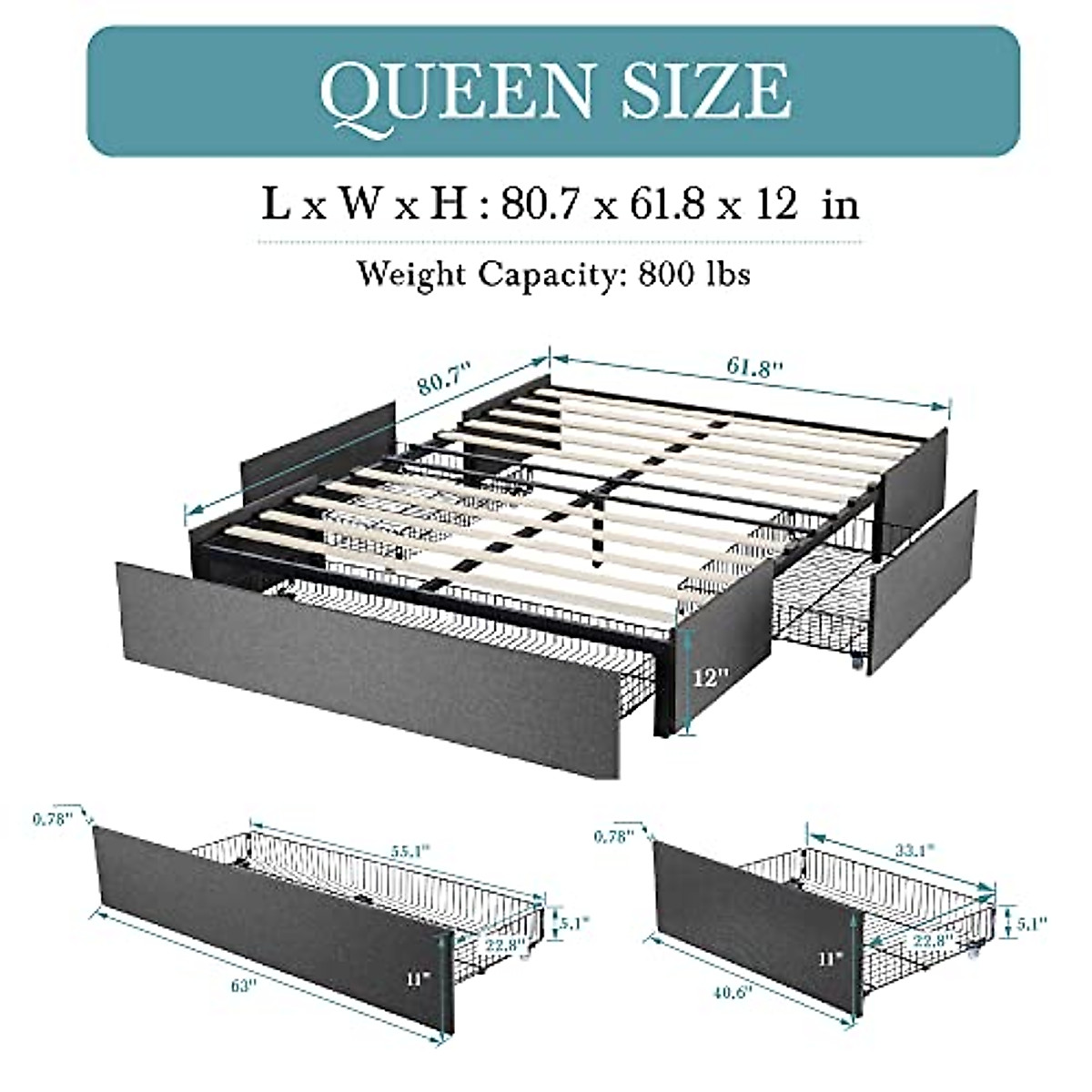 HOOMIC Upholstered Queen Platform Bed Frame with 3 Storage Drawers, No Fixed Headboard Design, Mattress Foundation with Wooden Slats, No Box Spring Needed, Noise Free, Dark Grey