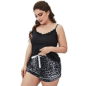 ebukurty Women Plus Size Cami Leopard Shorts Set Sexy Lace Pajama Sets Sleepwear