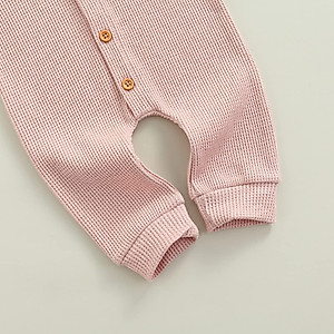 NANYKNIGHTY Toddler Baby Boy Girl Romper Unisex Infant Clothes Waffle Fabric Solid Long Sleeve Buttons Hooded Jumpsuit One-piece (Pink, 6-12 Months)