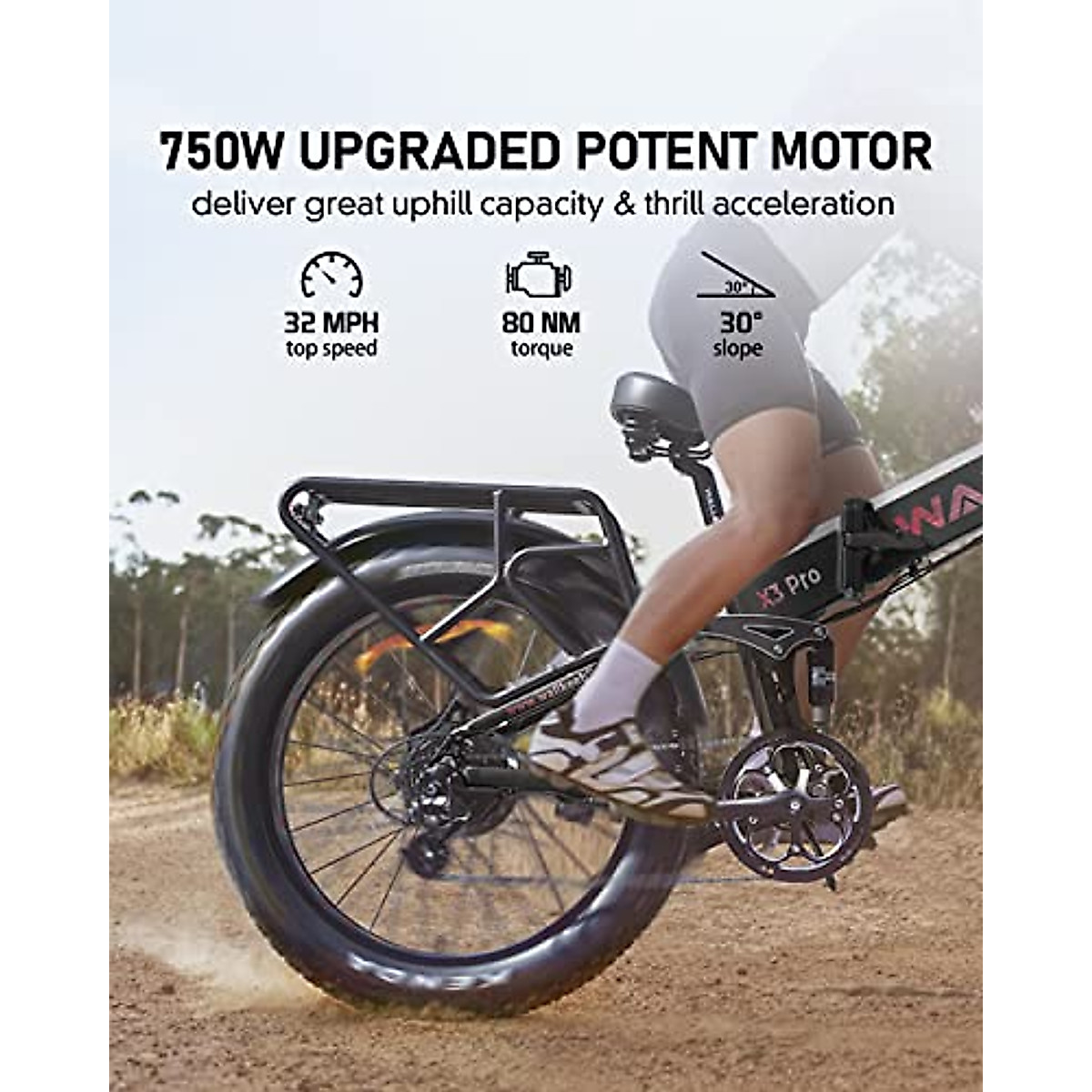 Wallke X3 Pro Electric Bike Adults Folding 750W Fat Tire 32MPH eBike 20AH 48V Samsung Lithium Battery Cells 26 Inch Mountain Electric Bicycle Full Suspension Shimano 8 Speed(Black)