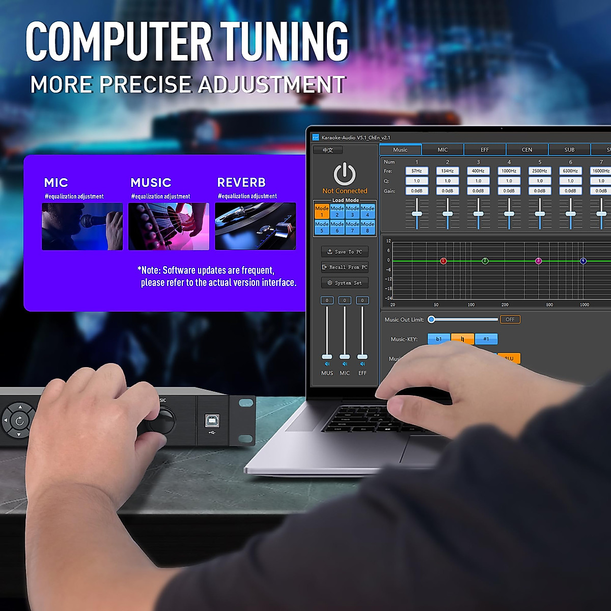 FULODE K-7 Professional KTV Pre-Effector Household ReverberatorKaraoke Anti-Howlino Audio Processr Al ioital Eulrzation Function Mixer Bluetooth optical,USB PC Connection Control,remote contro