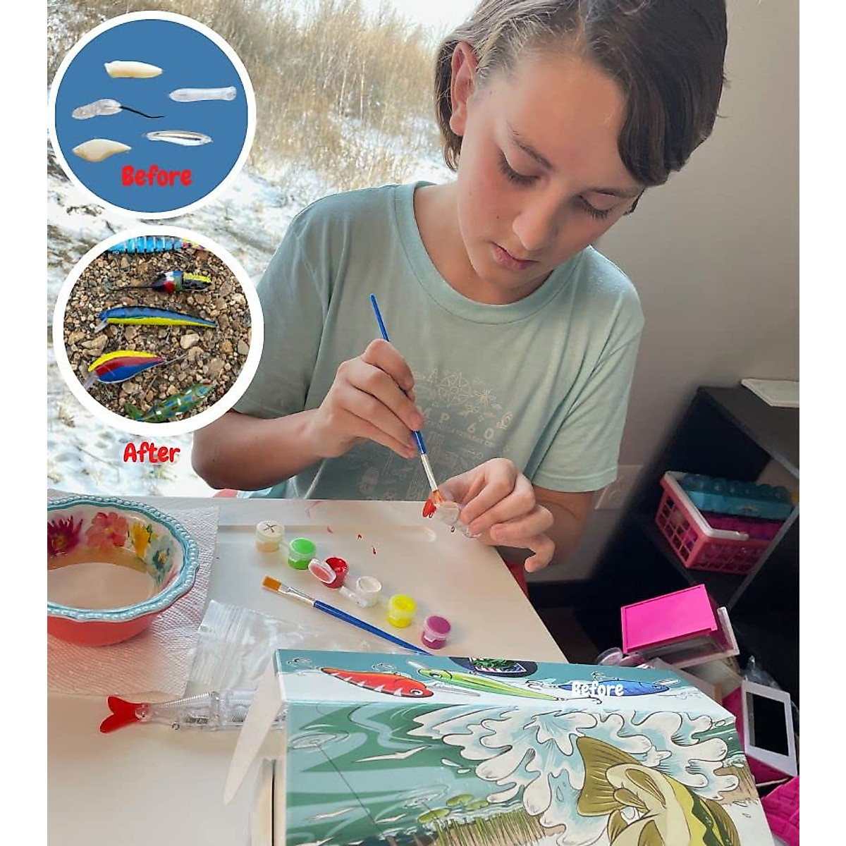 Create-A-Lure Top Water Edition Lure Making Kit, Paint Your Own Fishing Lures, Kids Painting Crafts with 2 Lures, Kid-Safe Washable Paint Colors, Paint Brushes and Hooks