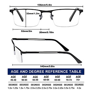 LOUOL Reading Glasses for Men, Blue Light Blocking Readers, Half Frame Metal Readers Spring Hinge Lightweight, 3-Pack +2.25 Strength