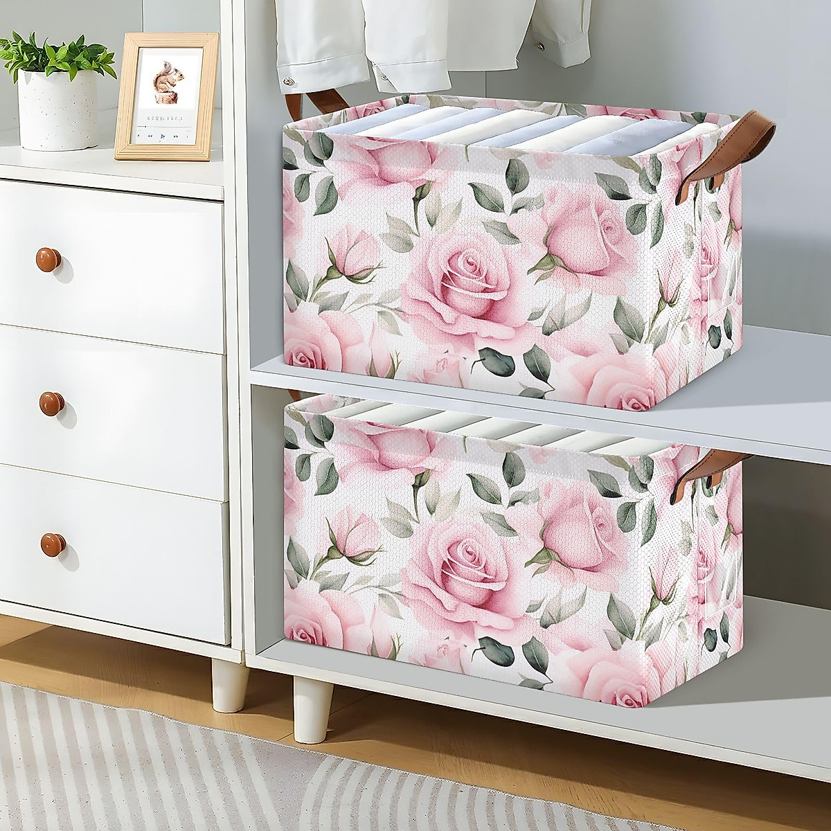 ALAZA Pink Roses Storage Bins, Foldable Waterproof Storage Bins for Shelves, Storage Baskets with Metal Frame, Closet Baskets and Bins with Handles 1 Pack