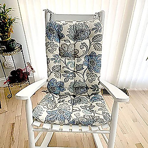 Boutique Blue Floral Porch Rocker Cushions - Extra-Large - Indoor - Outdoor, Fade Resistant, Weather Resistant - Latex Foam Fill Rocking Chair Seat Cushion & Backrest Pad Set - ( Blue - White )