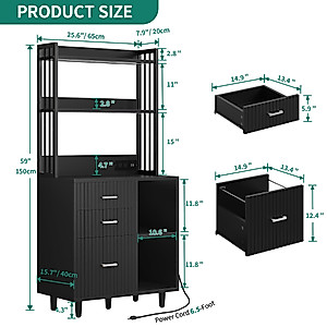 YITAHOME 3 Tier Bookcase, Bookshelf with Lighting, File Cabinet with Charging Station, 3 Drawer Wood Filing Cabinet, Printer Stand with Open Storage Shelves for Home Office, Black