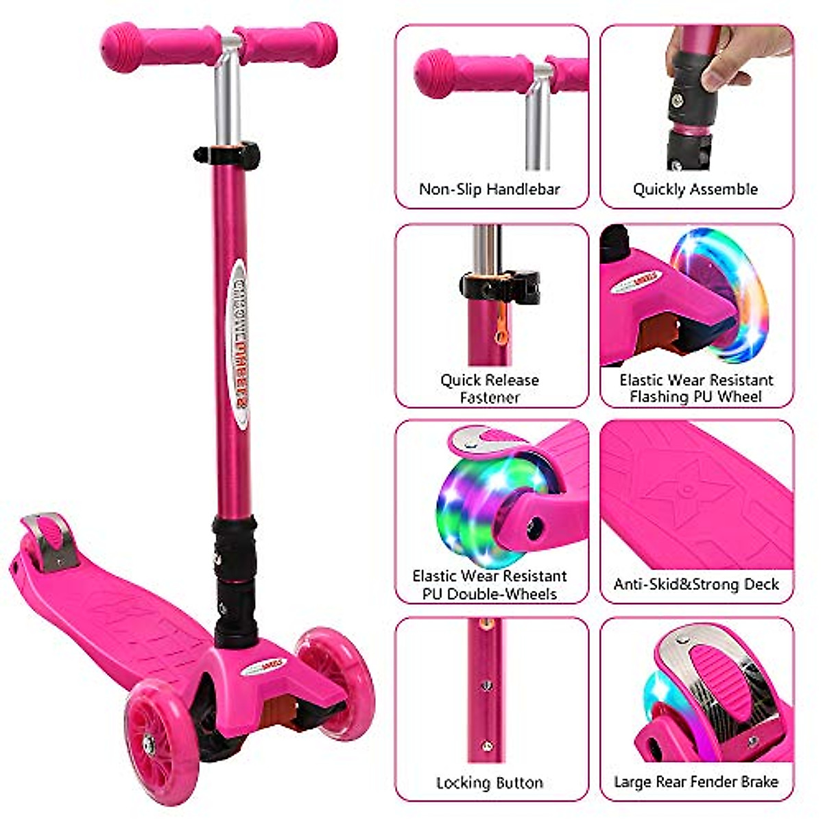 ChromeWheels Scooters for Kids, Deluxe Kick Scooter Foldable 4 Adjustable Height 132lbs Weight Limit 3 Wheel, Lean to Steer LED Light Up Wheels, Best Gifts for Girls Boys Age 3-12 Year Old, Pink