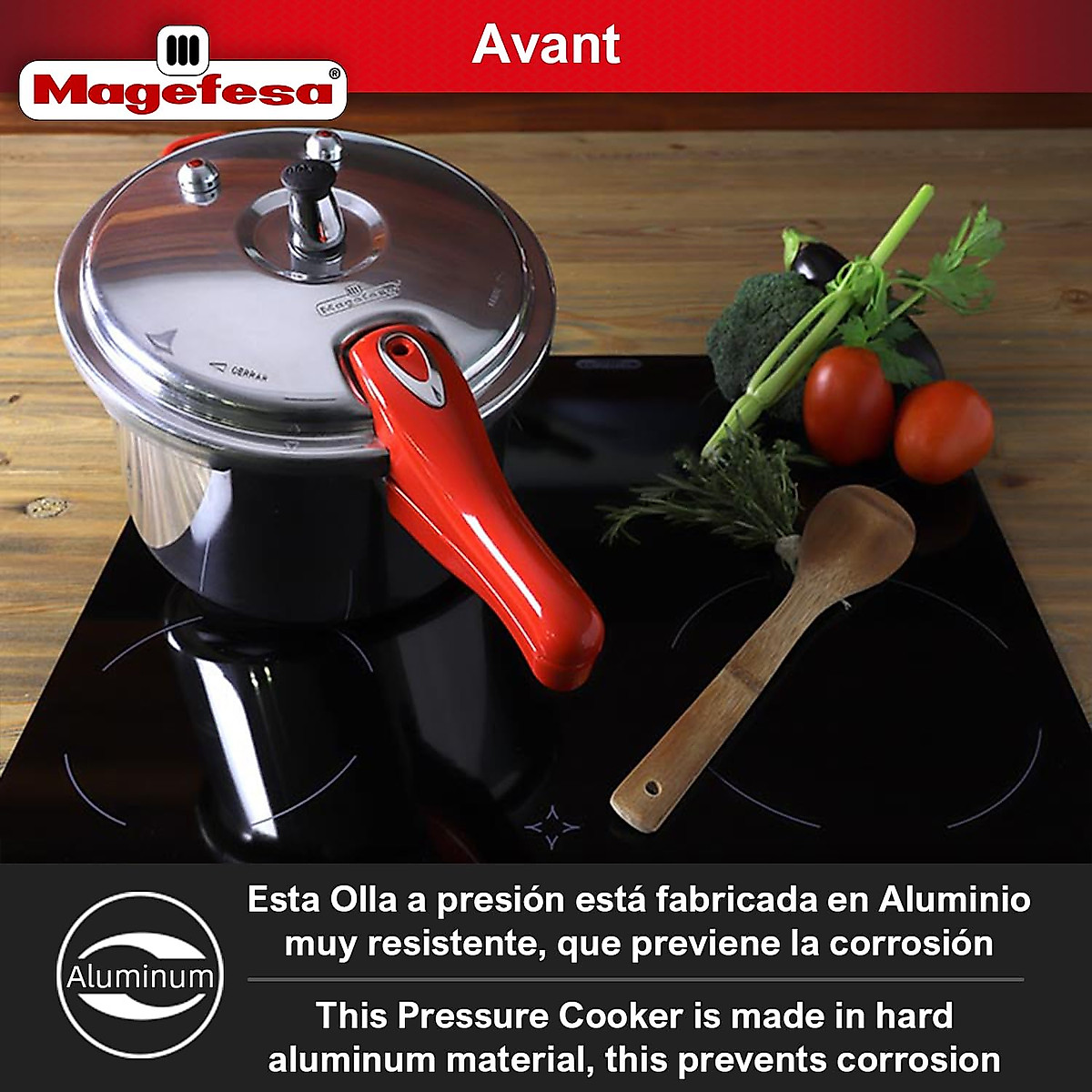 MAGEFESA ® Avant Red Pressure Cooker, 6.2 Quart, made of very resistant aluminum, compatible with gas, electric, ceramic stoves, pressure canner, canning cooker pot, stove top instant fast cooking
