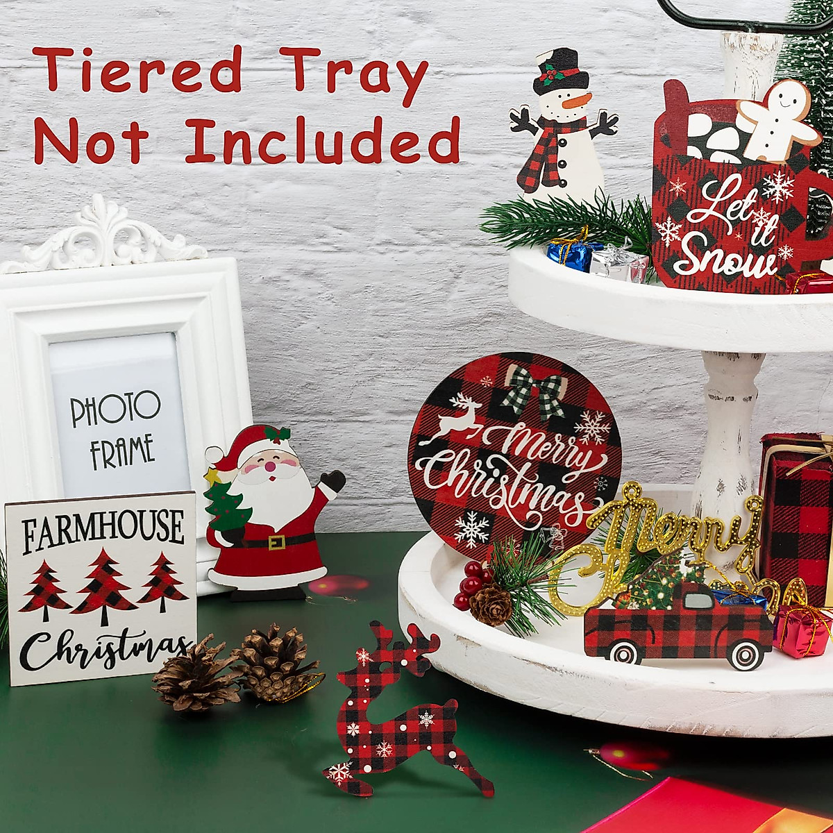 INHOTBY Christmas Decor-Farmhouse Rustic Country Winter Tiered Tray Christmas Decor Set,8Pcs Wooden Signs Gingerbread Buffalo Plaid Christmas Table Top Decorations Indoor Home Room(Tray Not Including)