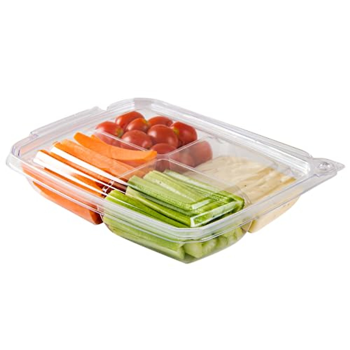 Tamper Tek 13 Ounce Rectangle Take Out Containers, 100 Durable Carryout Containers - Tamper-Evident, Freezable, Clear Plastic To-Go Containers, 4 Compartments, With Hinged Lids - Restaurantware
