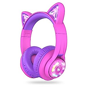 iClever Cat Ear Kids Bluetooth Headphones, LED Lights Up, 74/85/94dB Volume Limited, 50H Playtime,Bluetooth 5.2, USB C,Kids Headphones Wireless Over Ear for Travel iPad Tablet, Meow Macaron-Hot Pink