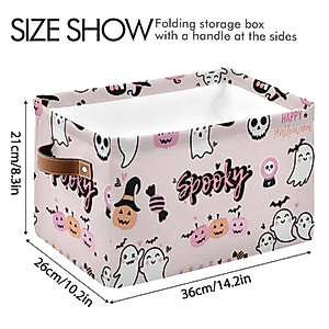 Sletend Foldable Canvas Storage Basket with Handles Halloween Cartoon Ghost Durable Storage Bin Organizer for Nursery Kids Shelves Desks Printed Canvas Storage Basket
