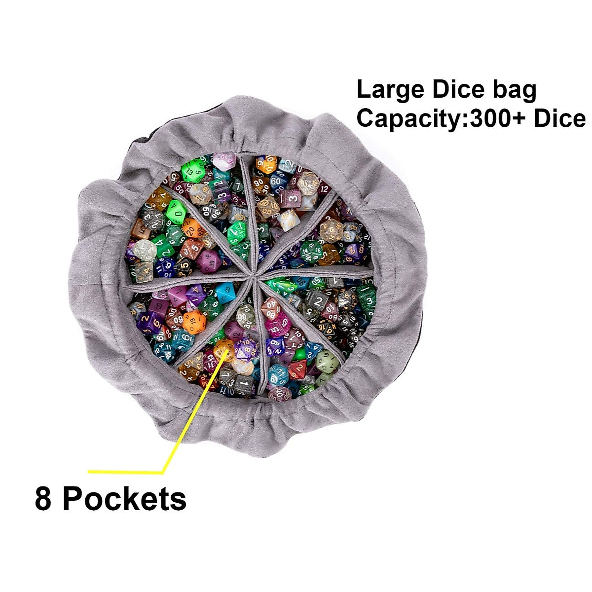 Large DND Dice Drawstring Bags with Pockets Black Storage Bag for RPG MTG Game Dices Capacity Over 300 Dice