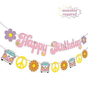 Groovy Happy Birthday Banner Cake Topper Hippie Birthday Banner for 1960's 1970's Themed Groovy Birthday Party Decorations