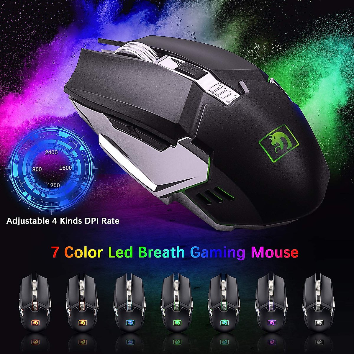 Wireless Gaming Keyboard and Mouse, Rechargeable, Rainbow Backlit with 3800mAh Battery Metal Panel,Mechanical Feel Keyboard and 7 Color Mute Mouse for Windows Computer Gamers