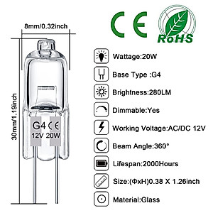 VITUNOV G4 Halogen Bulb 12V 20W, 12 Pack G4 Light Bulb Dimmable, T3 JC Type G4 Base Bi-Pin Bulb, for Under Cabinet Puck Light, Chandeliers, Landscape Lighting, Warm White 2700K