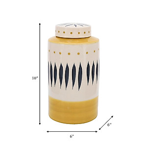Sagebrook Home Cylinder Ceramic Jars Tribal W/Lid Decorative Jars, Vases, Elegant Storage Containers for Home Decor and Kitchen Interior Design, 10" H, Yellow