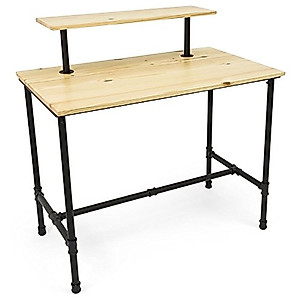 Displays2go, Large Pipe Display Table, Metal and Pine Wood Construction – Natural Finish, Black Hardware (PPLNNSTLRG)