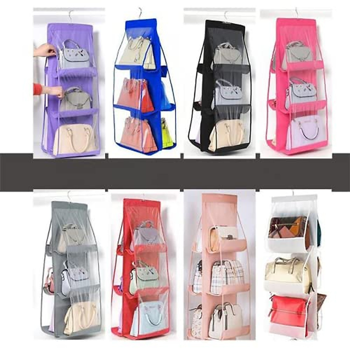 3 Layers Storage Bag for 6 Pockets Hanging Purse Handbag Organizer Clear Hanging Shelf Bag, Hanging Wardrobe Closet, Space Saving Organizers, Gift for Family (Black)