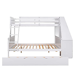 KoiHome Twin Over Full Bunk Bed with Trundle and Built-in Desk & Three Storage Drawers & Shelf, Wooden Platform Bed Frame with Slats Support for Kids,Teens Bedroom, No Box Spring Needed, White