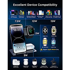 Venere Wireless Charging Station for Apple Devices, Aluminum Alloy 3 in 1 Phone and Watch Charging Station 15W Fast for iPhone14/13/12/11/X/SE/8/Apple Watch/AirPods Pro with 5ft Cable & 20W Adapter